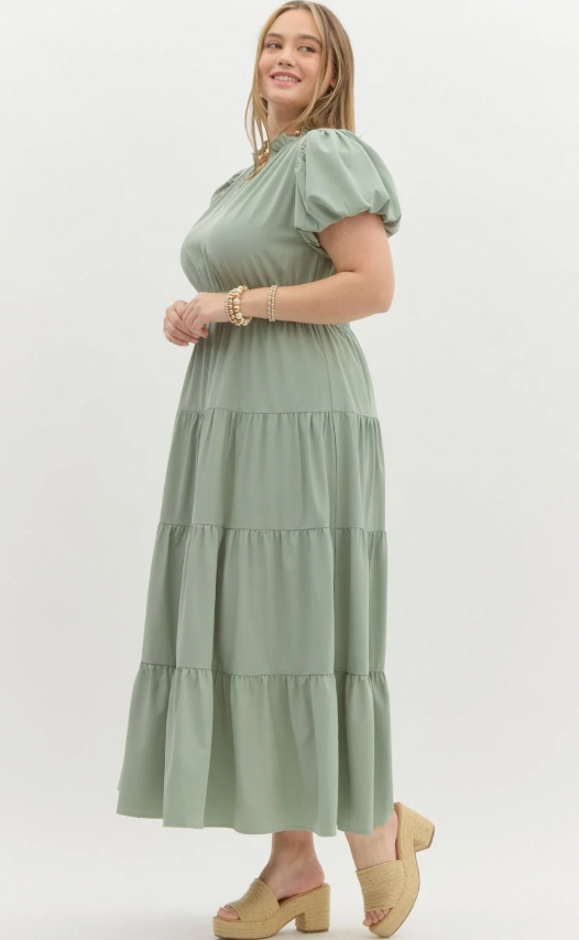 Christina Plus Size Split Neck Puff Sleeve Midi in Sage – The Fluffy ...